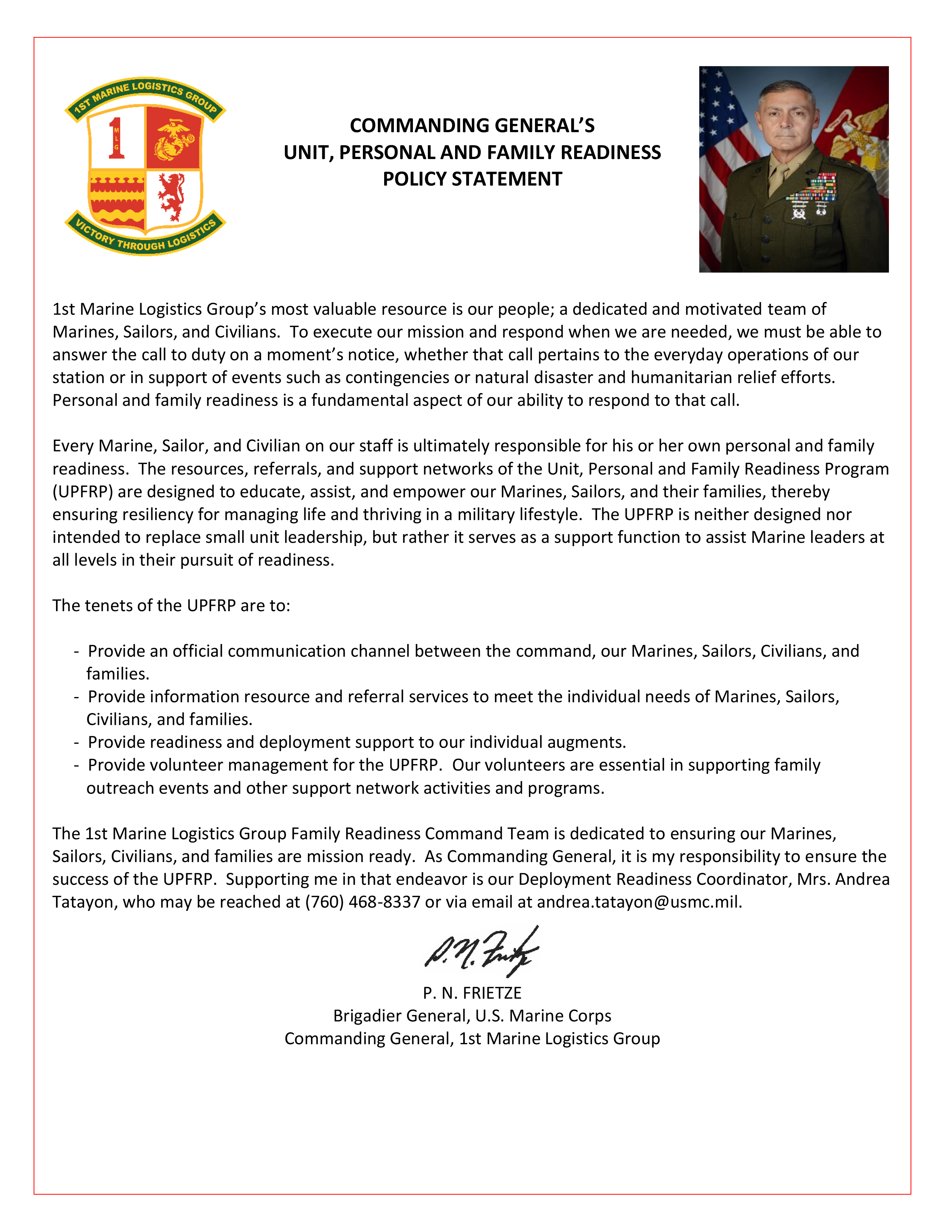 Commanding General's UPFRP Policy Statement